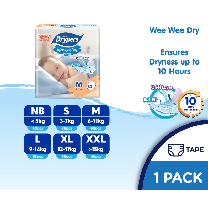 Drypers Wee Wee Dry Baby Diapers NB60/ S80/ M60/ L58/ XL50/ XXL40 (1 ...