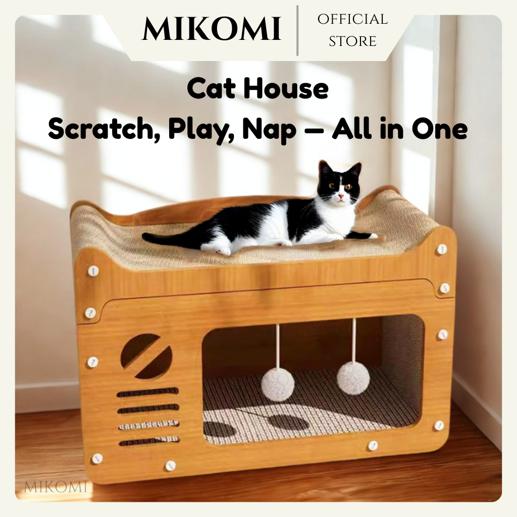 MIKOMI Cat House with Scratch Board and Hanging Toys | Rumah Kucing ...