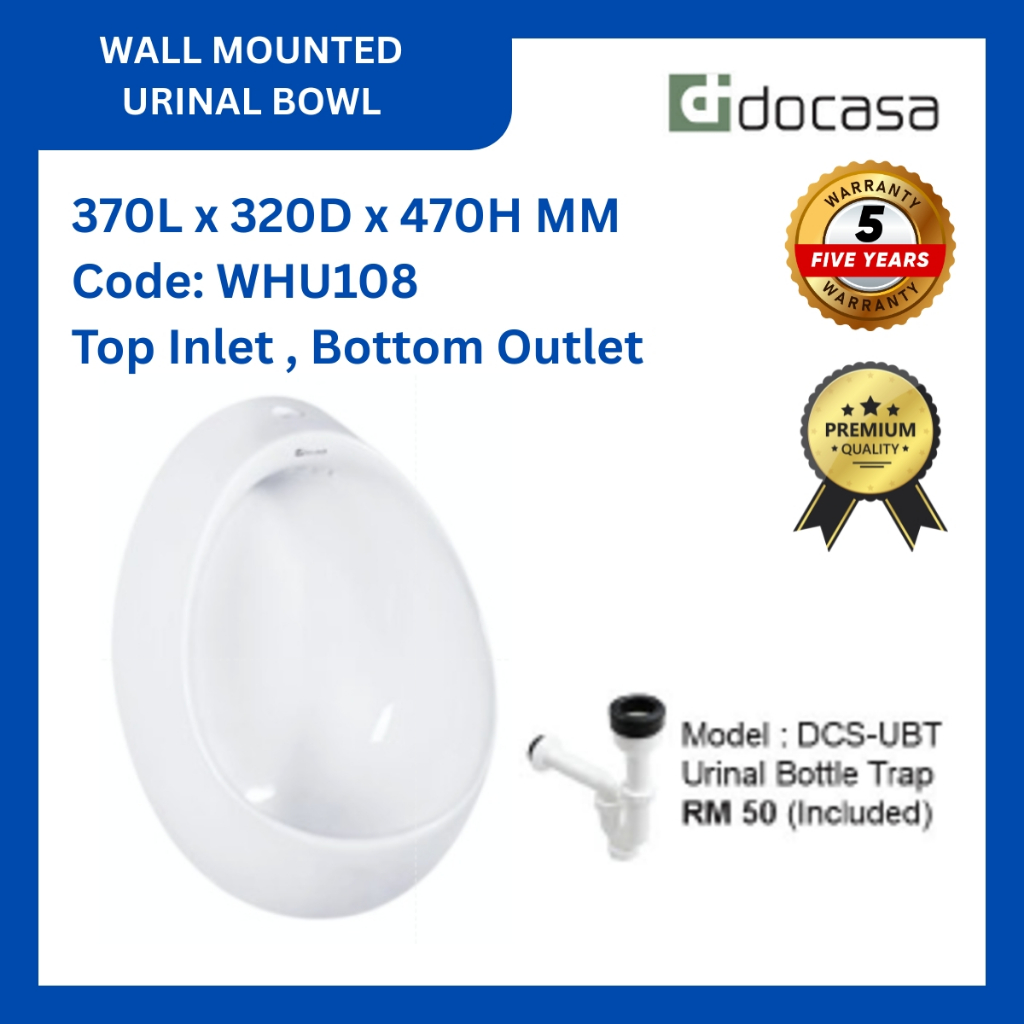 DOCASA Wall Hung Urinal Bowl WHU108 Gloss White Top Inlet Bottom Outlet ...