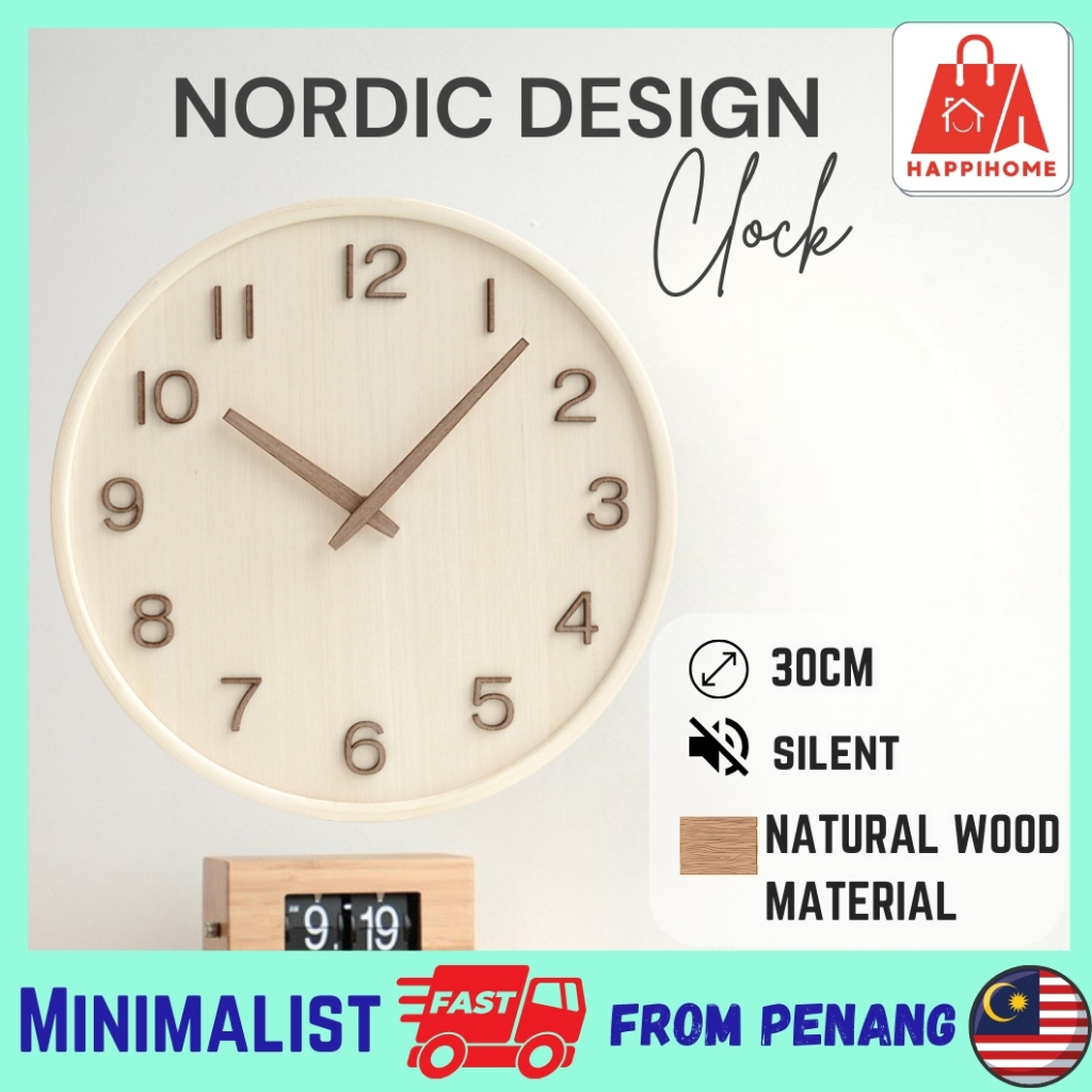 Wooden Aesthetic Nordic Wall Clock Jam Dinding Hiasan Kayu Gantung ...