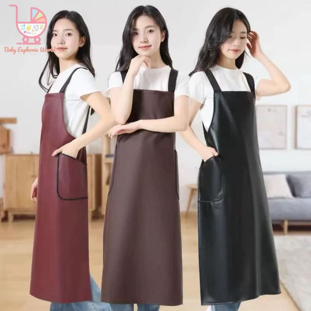 PU Leather Apron Waterproof Oil-Proof Cooking Apron Long PU Leather ...