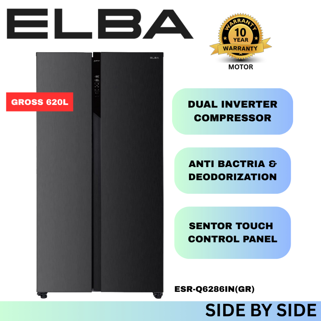 ELBA Side by Side Dual Inverter Fridge Peti Sejuk ESR-Q6286IN(GR) 620L ...