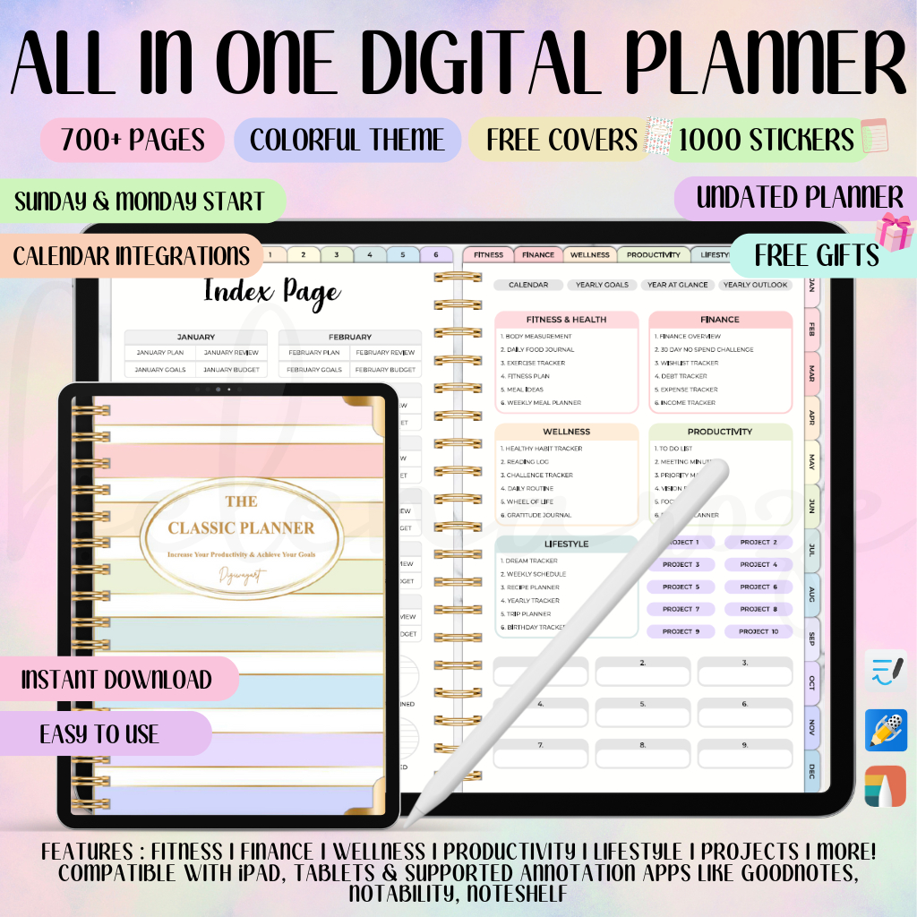 Colorful Undated Digital Planner, Hyperlinked Pdf Notepad Notebook ...