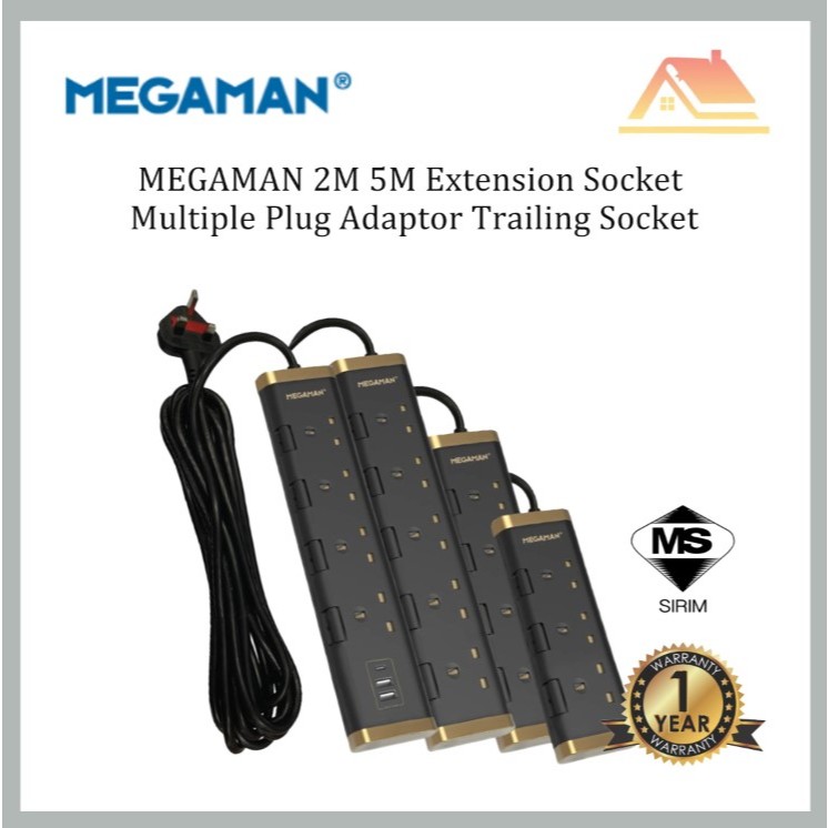 MEGAMAN 2M 5M Extension Socket Multiple Plug Adaptor Trailing Socket ...