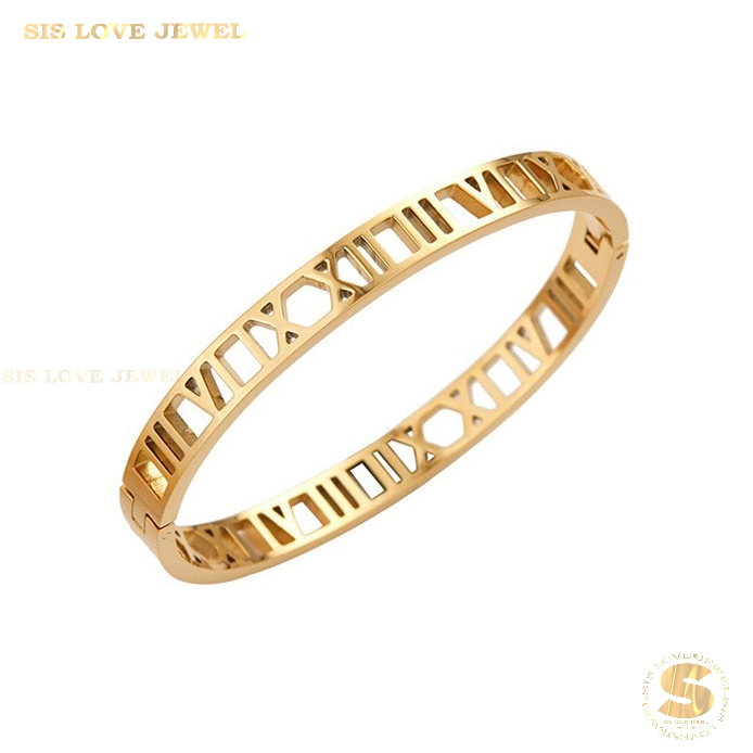 Sis Love Jewel Roman Bangle Titanium Steel 18K Gold Plated Gelang ...