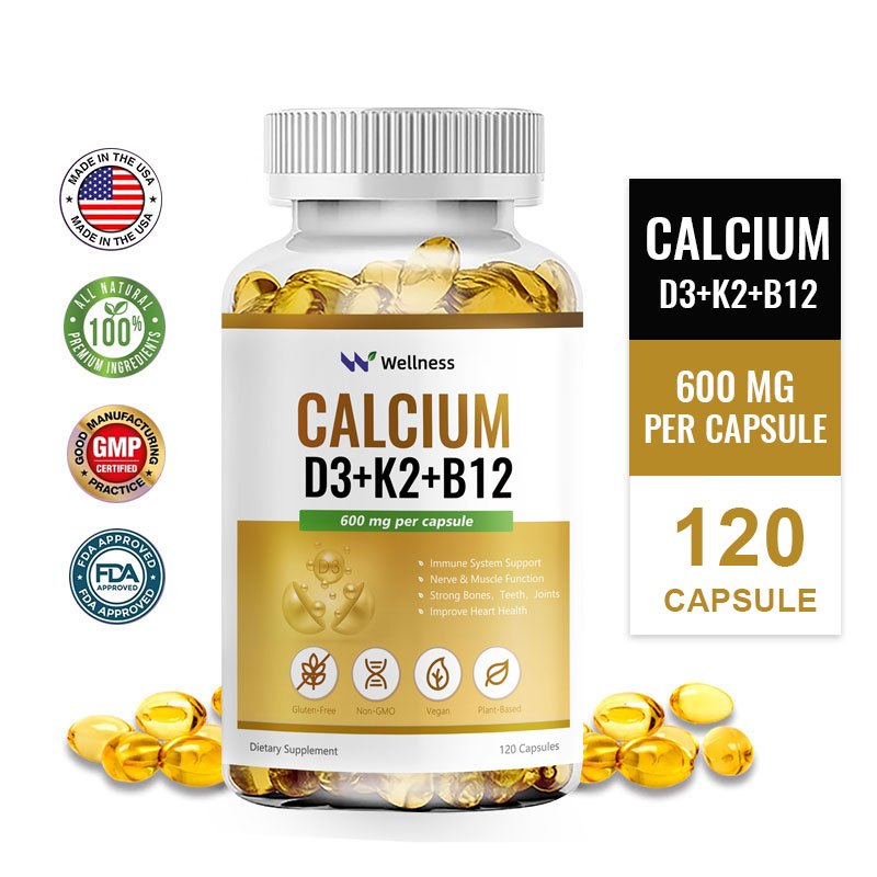 Wellness Calcium Vitamin D3 K2 B12 Capsule Supplement Support Cardiovascular Bone and Joint ...