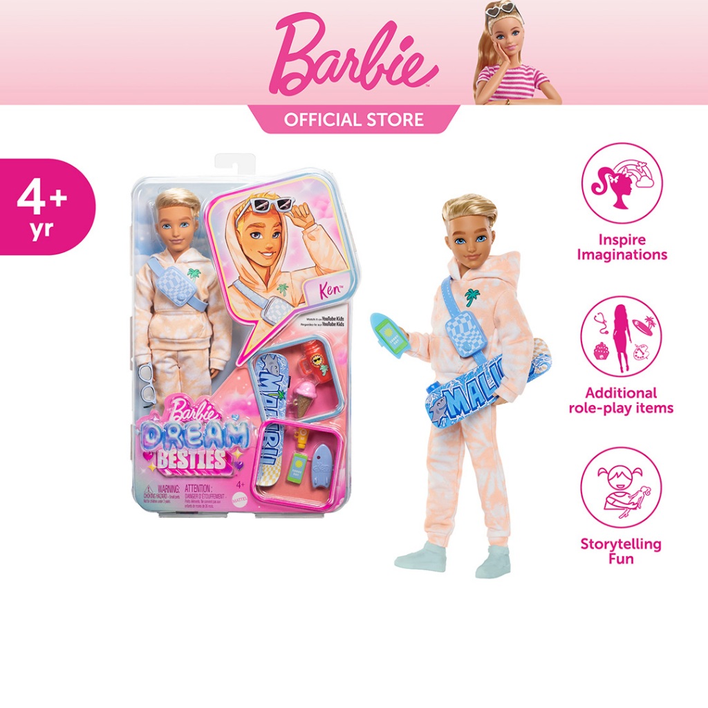 Barbie Dream Besties Ken Fashion Doll With 9 Summer & Skateboard Themed ...