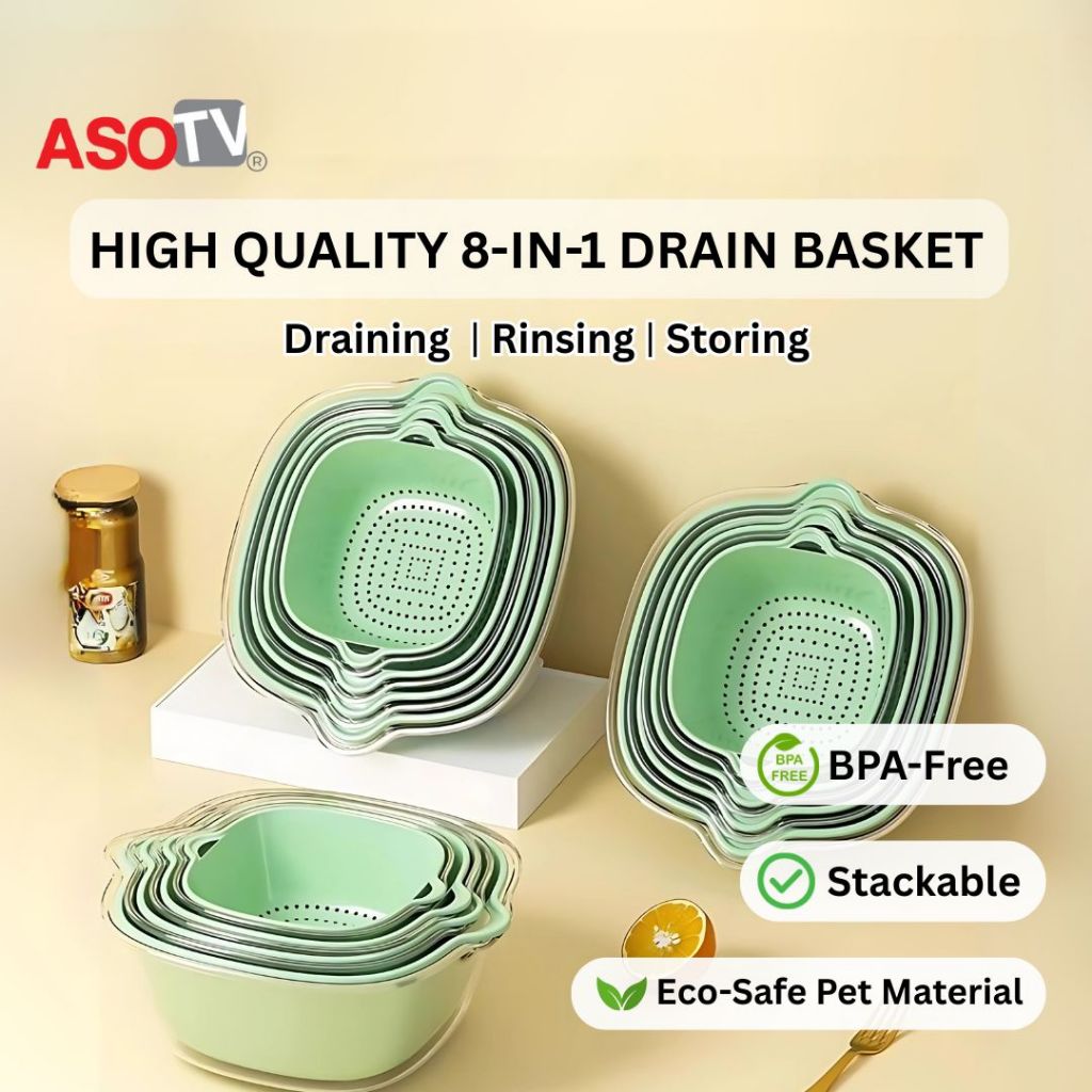 ASOTV® PET 8 in 1 Vegetables Washing Bowl Drain Basket Strainer Bakul ...