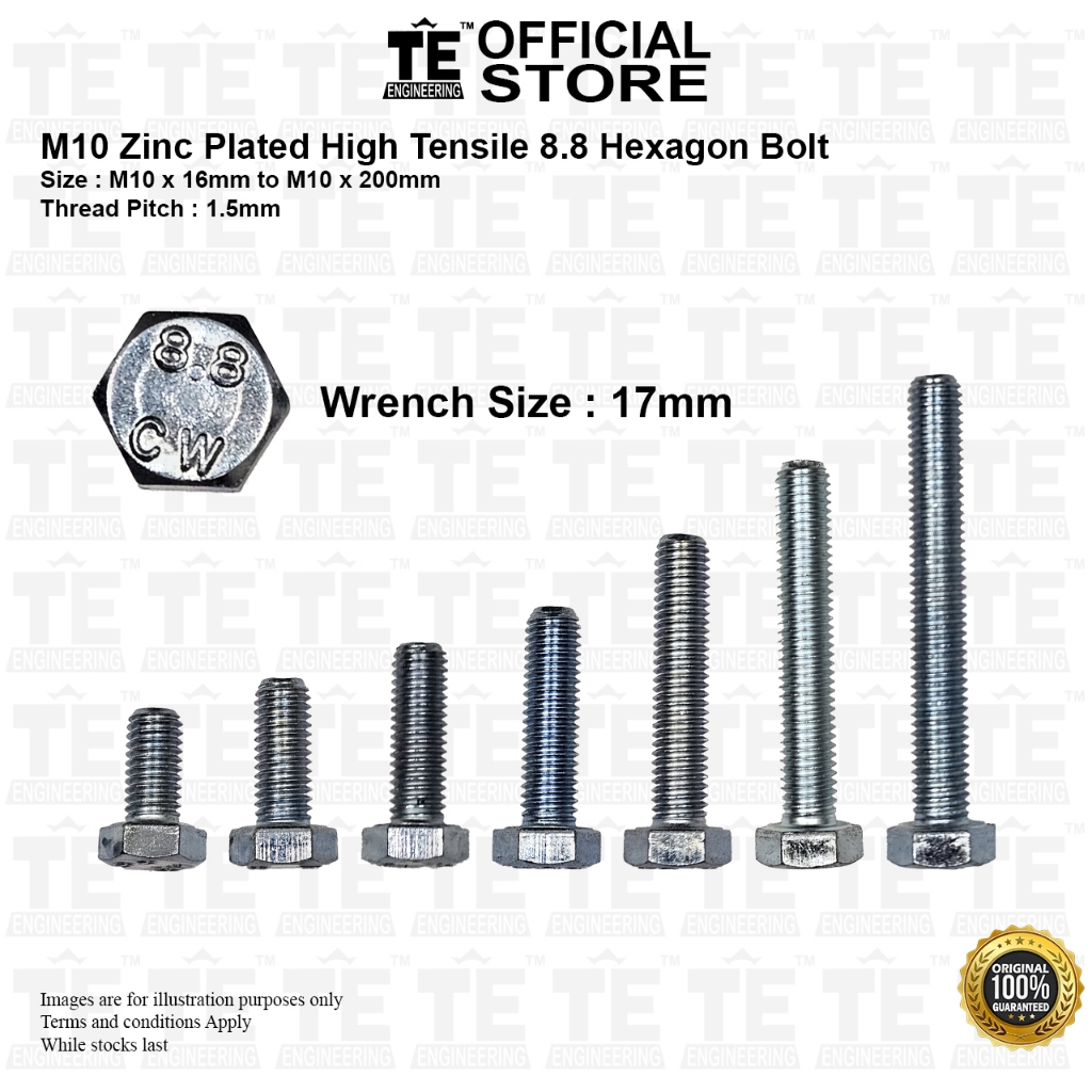 M10 x 1.5mm Pitch Zinc Plated High Tensile 8.8 Bolt ( Wrench Size 17mm ...