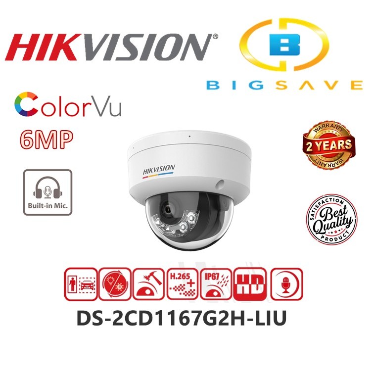 HIKVISION 6MP DS-2CD1167G2H-LIU COLORVU WITH SMART HYBRID LIGHT FIXED DOME NETWORK CAMERA ...