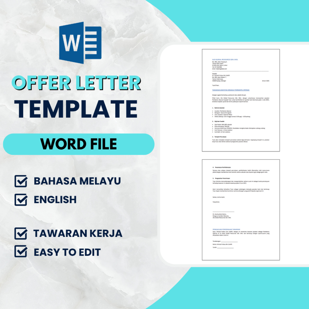 Offer Letter Template | Surat Tawaran Kerja | Bahasa Melayu & English ...