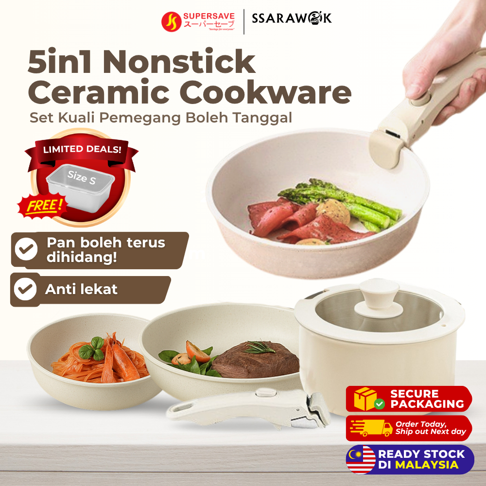 SUPERSAVE Non Stick Pan 5in1 Ceramic Cookware Set Detachable Handle ...