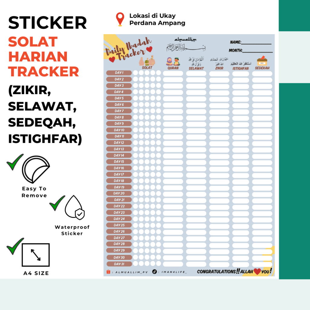 Sticker Checklist Daily Ibadah Solat Zikir Harian Tracker Anak Kalis ...