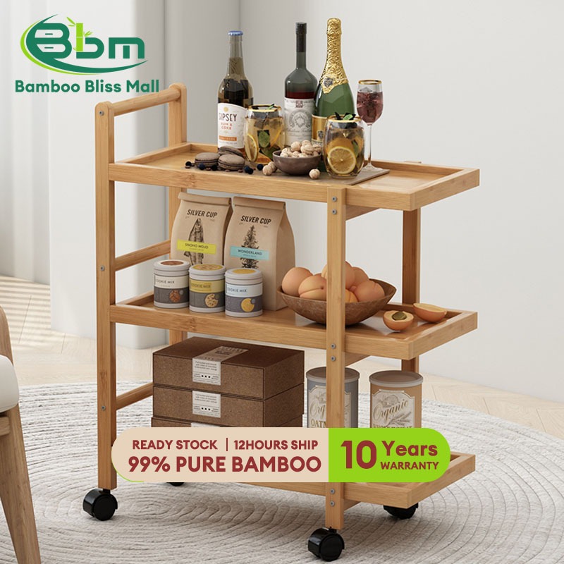 𝐁𝐁𝐌 Bamboo Mobile Trolley High-End Trolley 2/3Layers Dining Cart Dapur ...