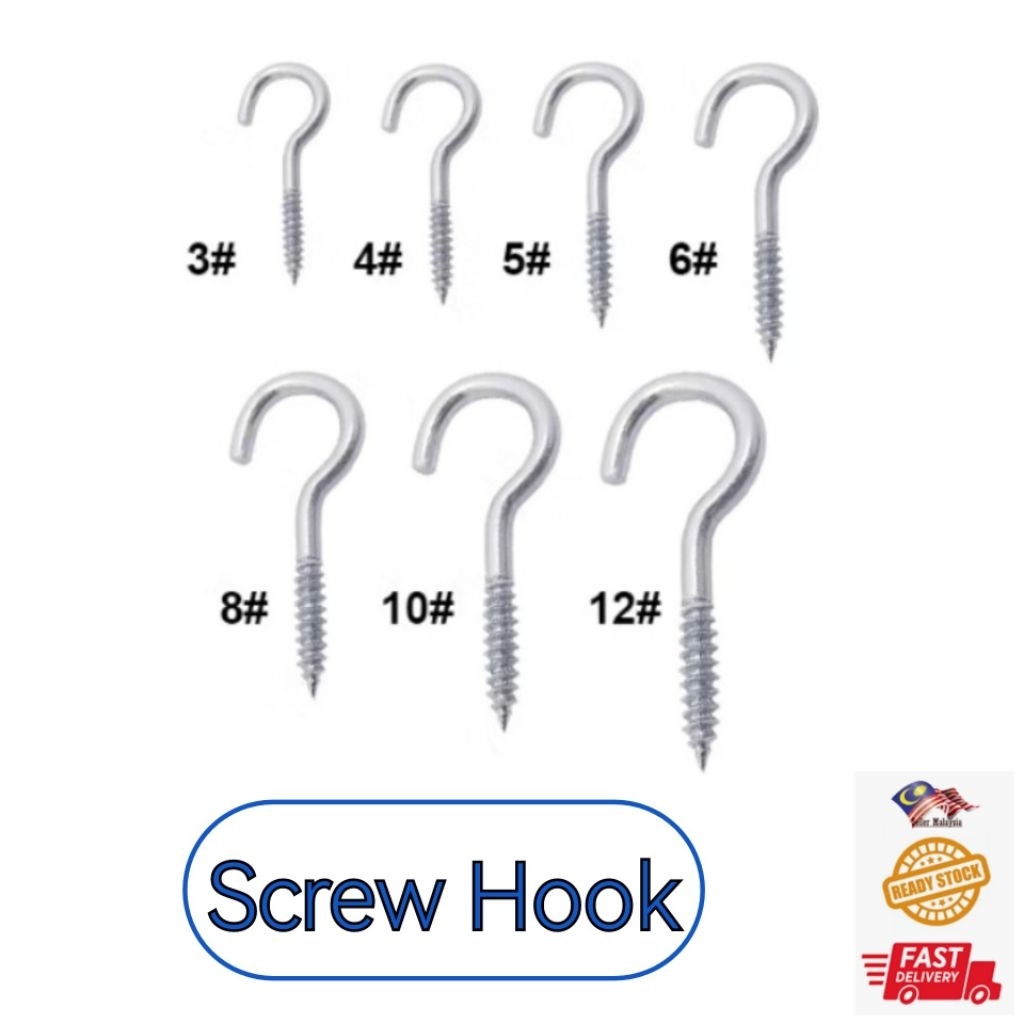 Galvanised Screw Hook 3#, 4#, 6#, 8#, 10#, 12# Cup Hook Question Mark ...