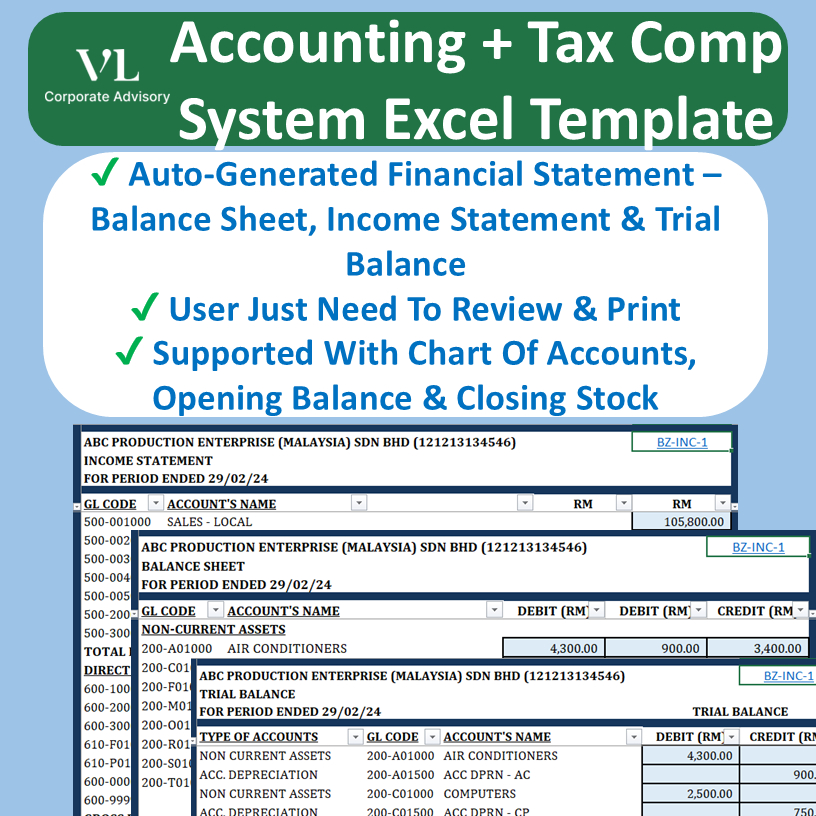 VL Accounting + Tax Computation System Excel Template Full Set Accounts ...