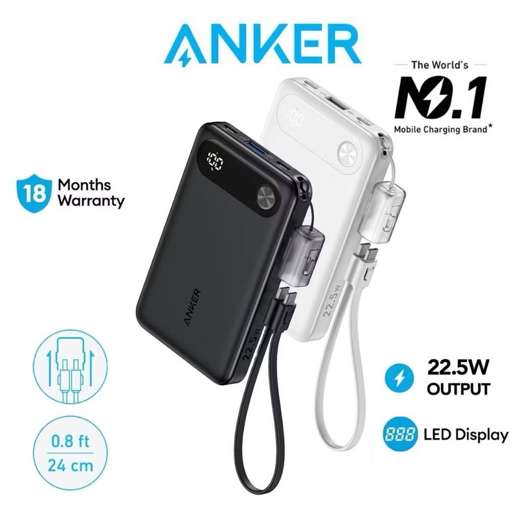 Anker Powerbank Powercore 10000mAh Portable Charger Built in USB C Cable Lanyard 22.5W Fast ...