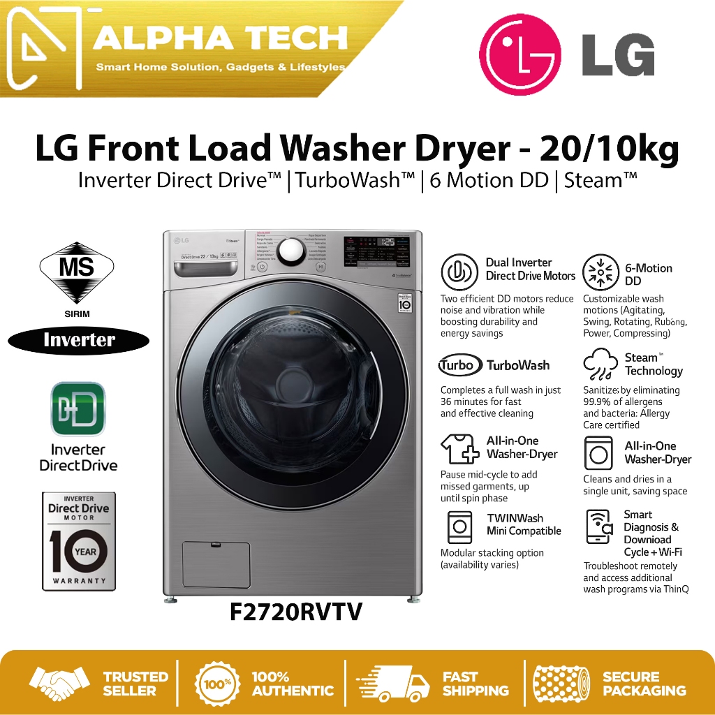 LG 20/10kg Front Load Washer Dryer with Steam™ F2720RVTV - Inverter ...