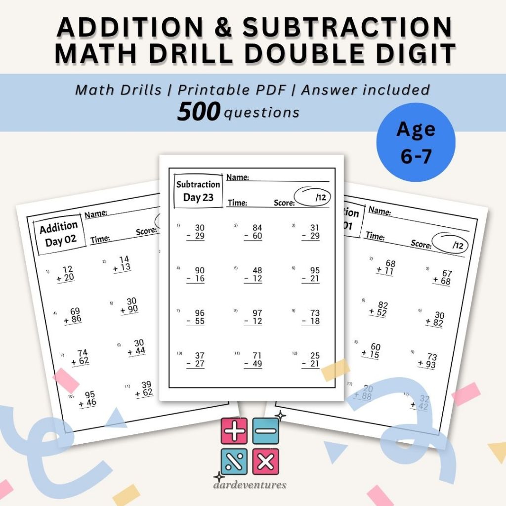 (PDF File) Addition and Subtraction Math Drill Double Digit | Preschool ...