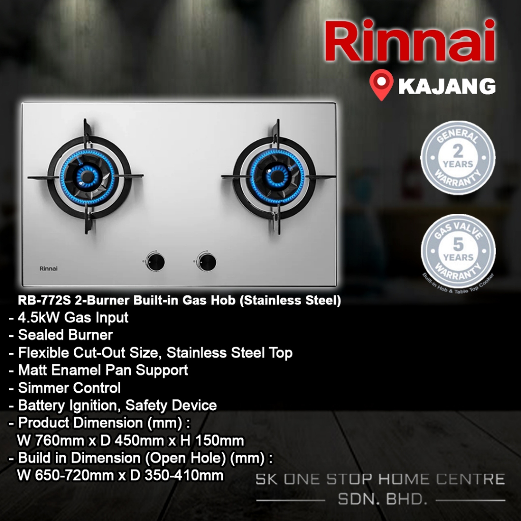 RINNAI Stainless Steel Built-in Gas Hob 4.5kW RB-772S | 2 Burner Hob ...