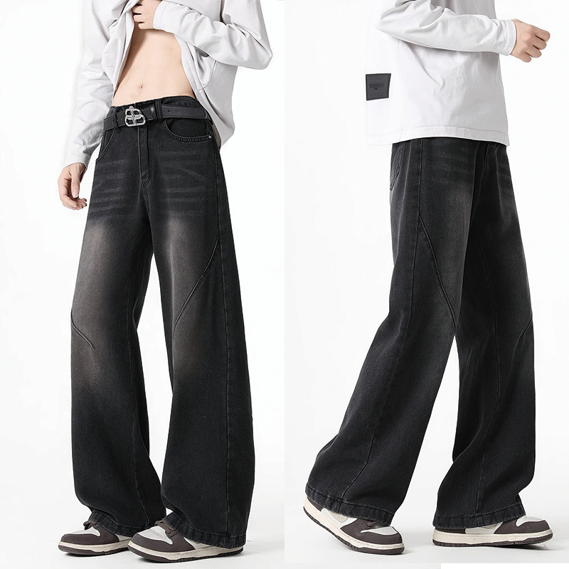Seluar jeans lelaki black premium denim Korean style baggy pants casual ...