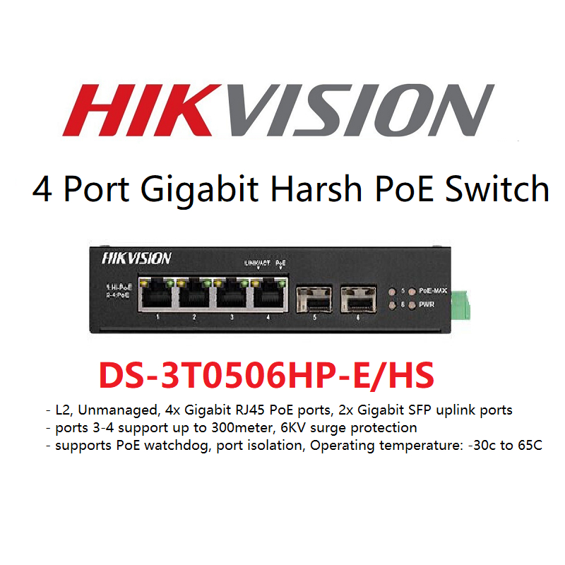 Hikvision DS-3T0506HP-E/HS Hikvision 4 Port Gigabit Harsh PoE Switch - Hikvision Harsh POE ...