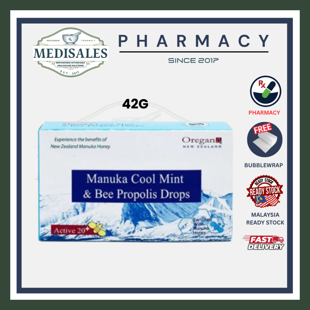 OREGAN MANUKA COOL MINT & BEE PROPOLIS DROPS LOZENGES 42G (EXP 11/2026 ...