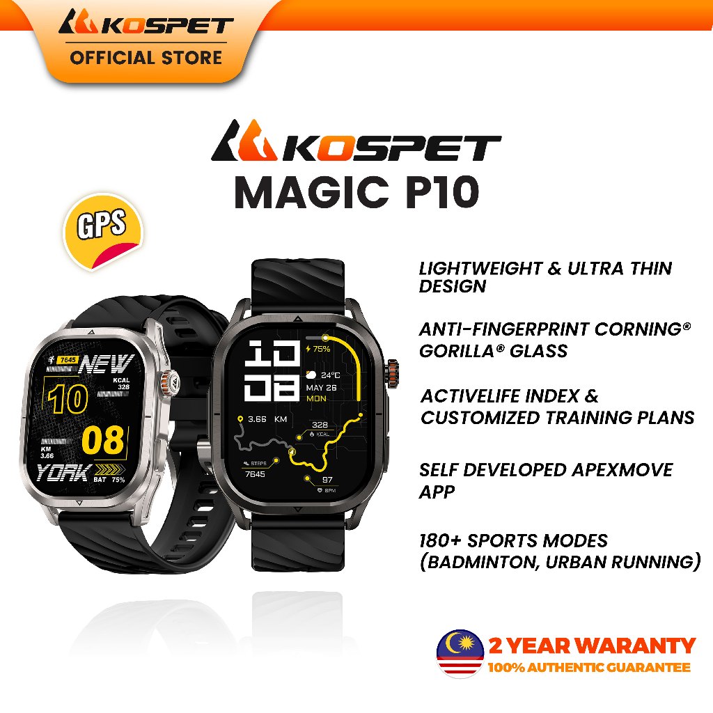 KOSPET MAGIC P10 Smartwatch | GPS | Gorilla Glass | 180+ Sports Modes ...
