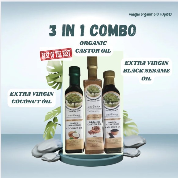 3 in 1 COMBO Pack 250ml I Extra Virgin Coconut oil , Organic Castor Oil ...