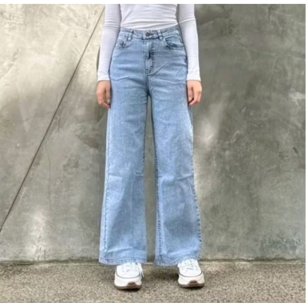 Seluar jeans perempuan wide leg jeans kain getah size available (24-36 ...