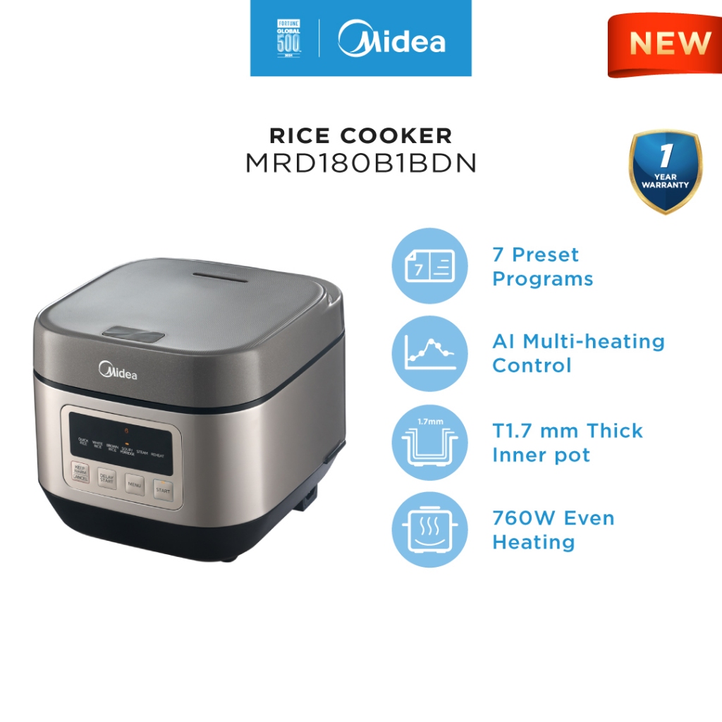 Midea MRD180B1BDN 1.8L Digital Rice Cooker With 7 Preset Menus & AI ...