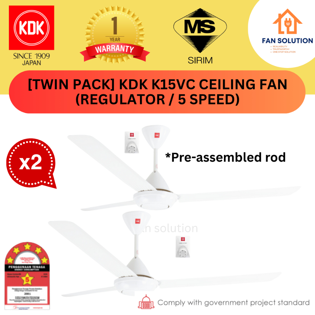 [TWIN PACK, 2 UNITS] KDK K15VC REGULATOR CEILING FAN (WHITE) (60"/150CM ...