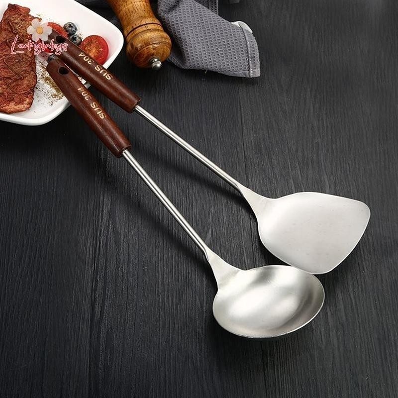 Cooking Spatula,Stainless Steel Kitchen Turner Ladle with Wood Handle ...
