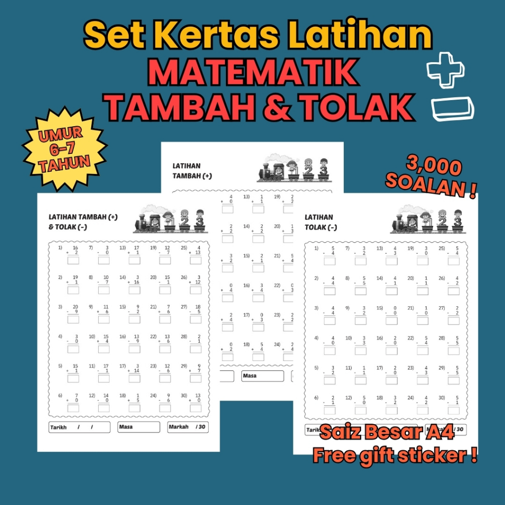 3,000 SOALAN MATEMATIK TAMBAH & TOLAK - 100 Helai Saiz A4 Besar ...