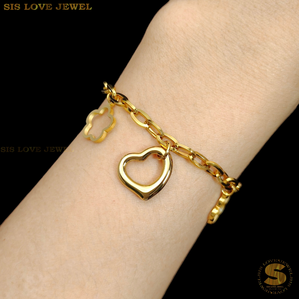 Sis Love Jewel Charm Titanium Bracelet 18K Gold Plated Love Rantai ...