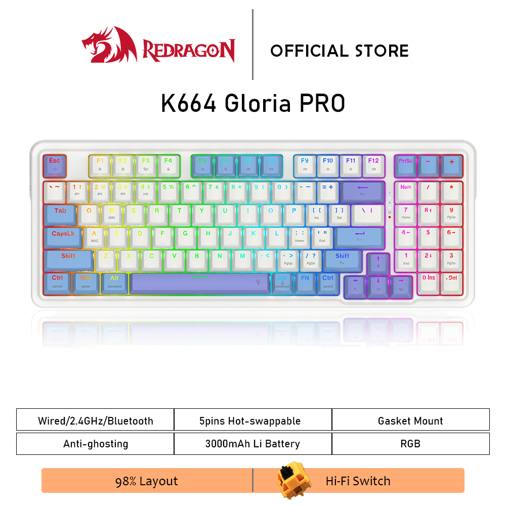 Redragon K664 Gloria PRO Gasket Tri-mode Wireless 94keys Mechanical ...