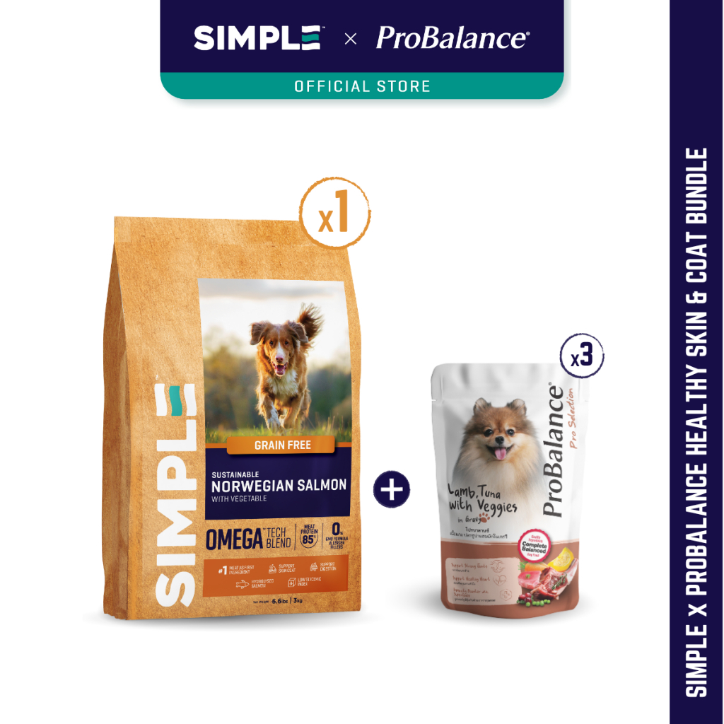 3KG SIMPLExProBalance Healthy Skin & Coat Bundle (SIMPLE 3KG Salmon + 3xProBalance 130G Lamb ...