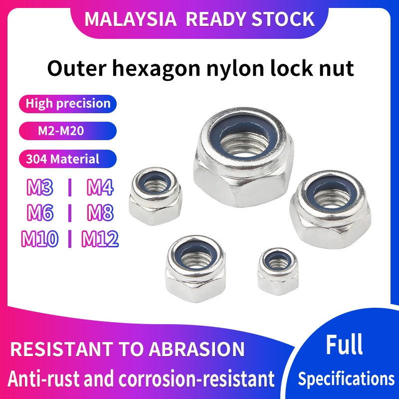 Nylon Lock Nut 304 Stainless Steel Hexagon M2 M2.5 M3 M4 M5 M6 M8 M10 M12 Hex Lock Nut DIN985 ...