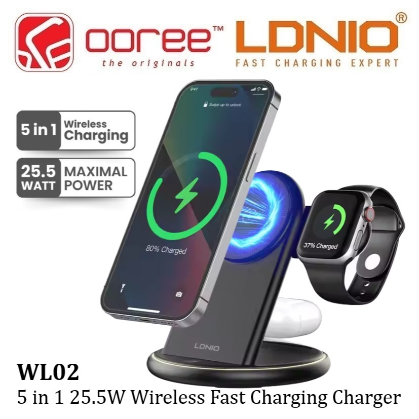 LDNIO WL02 MAX 25.5W 5 IN 1 WIRELESS FAST CHARGING CHARGER WITH NIGHT ...