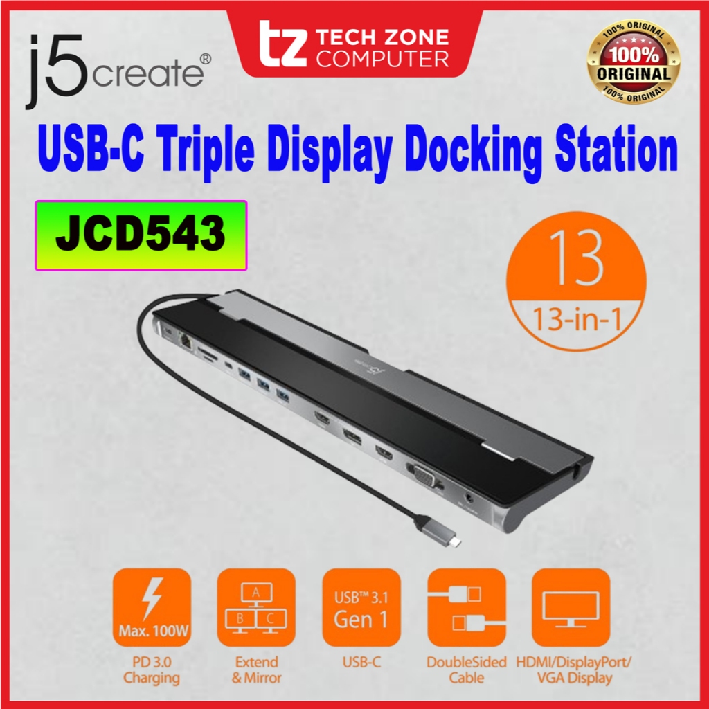 J5CREATE JCD543 USB Type-C Triple Monitors Display 13 in 1 Docking ...
