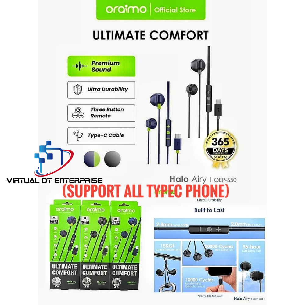 ORAIMO OEP-650 EARPHONE 👉🏻 TYPE C PLUG 👉🏻 PREMIUM SOUND 👉🏻 WITH MIC 👉🏻 ...