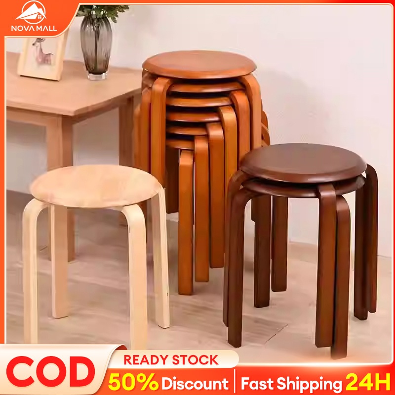 Round Stool Kerusi bulat kayu Stackable Dining Chair Convenient Storage ...