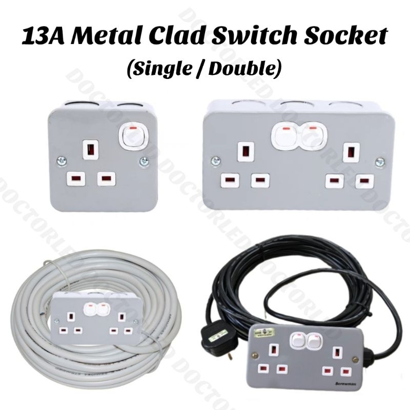 13A Metal Clad Switch Socket single Double With 5 Meter Wire And 13A ...