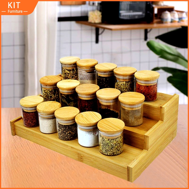 KIT 10/5 Pcs Glass Jar Set Seasoning Bottle Bamboo Rack Wooden Stand ...