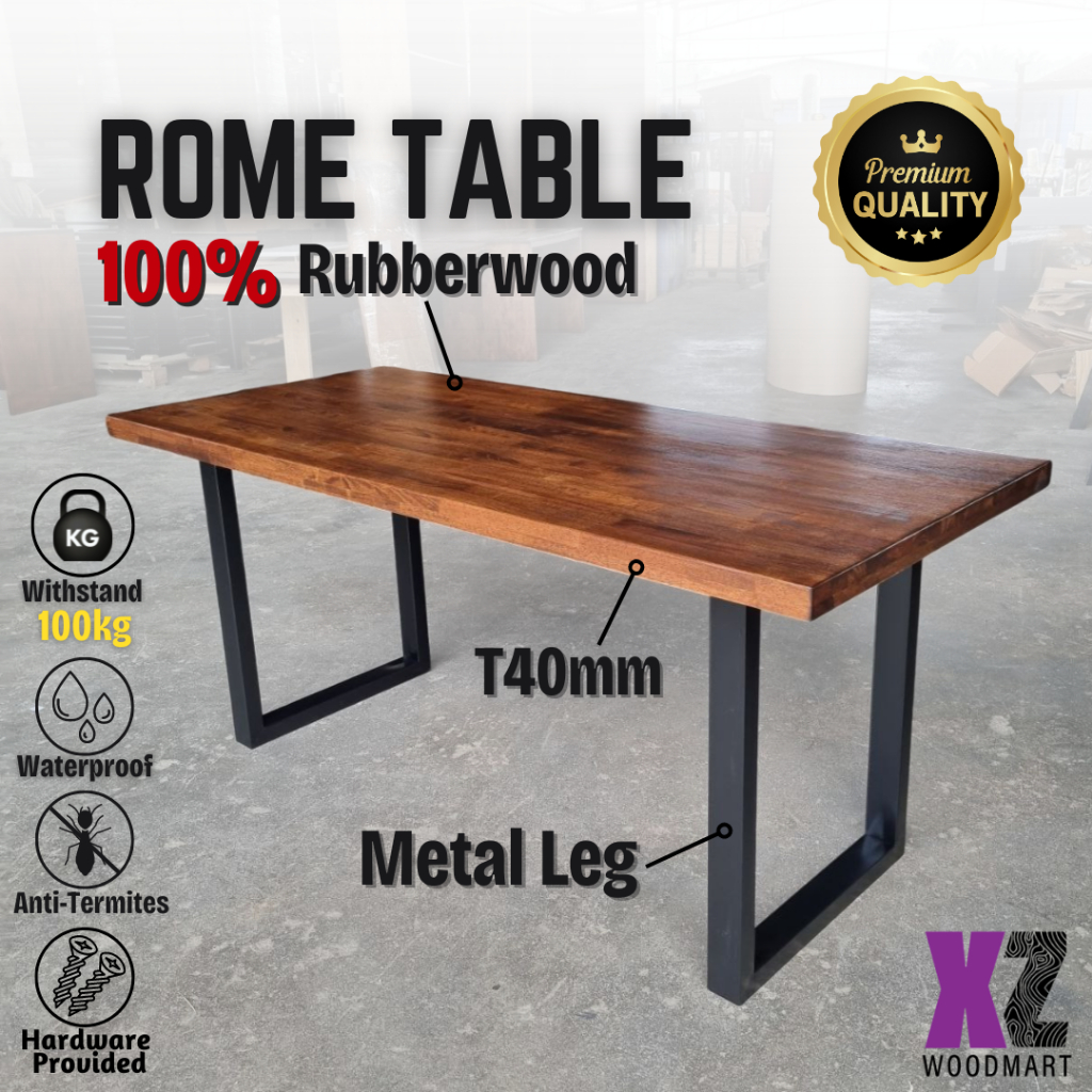 Rome Table Rubberwood Table Top with Metal Leg Dining Table Meja PC ...