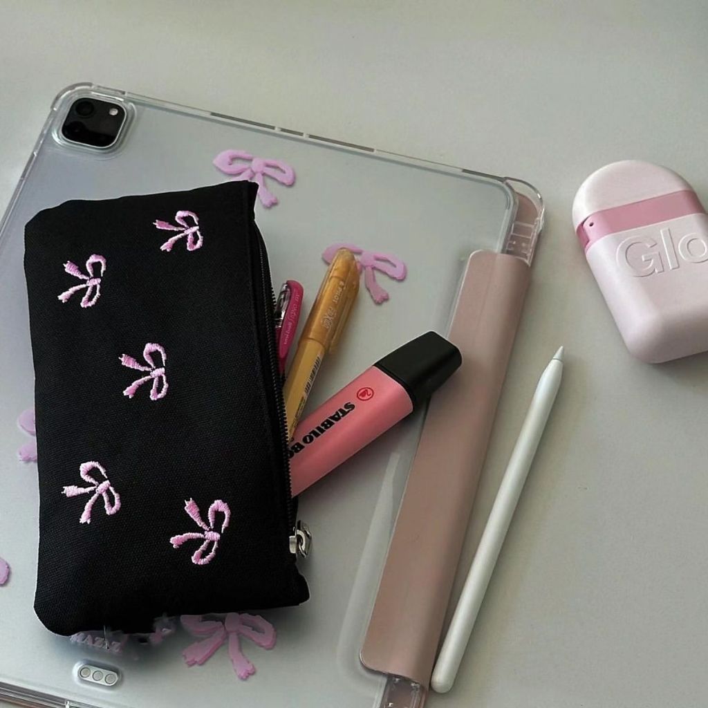 Embroidered Coquette Pink Bow Ribbon Niche Black Pencil Stationery ...