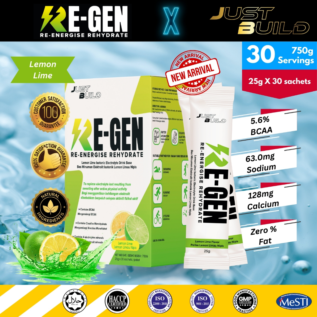 JB Just Build ReGen Re-Energise ReHydrate Lemon Lime Electrolyte Drink Base Sachet Box with 30 ...
