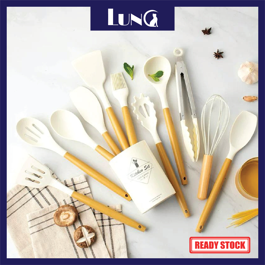 Silicone Kitchenware 12-piece Set With Wooden Handle including Storage ...