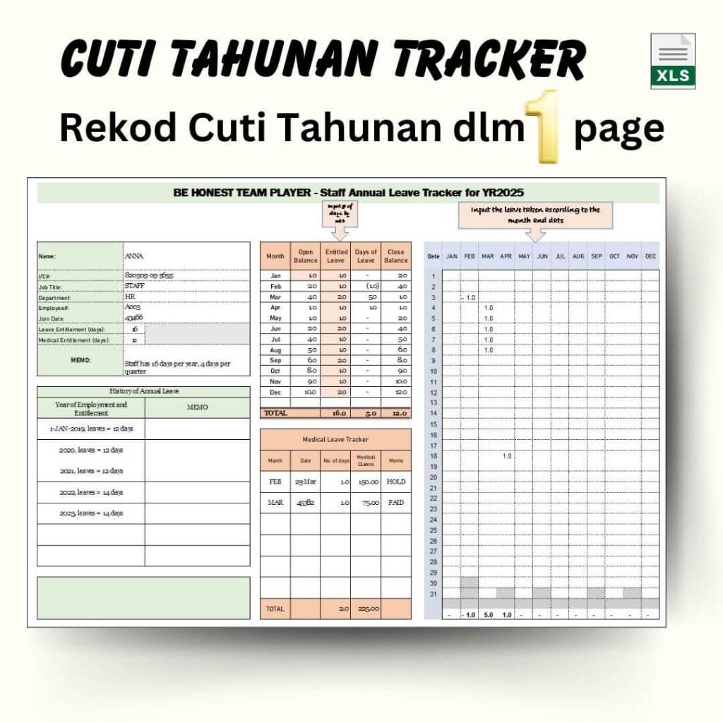 Cuti Tahunan Template, Auto-fill bulanan, Excel, Google, Payroll ...