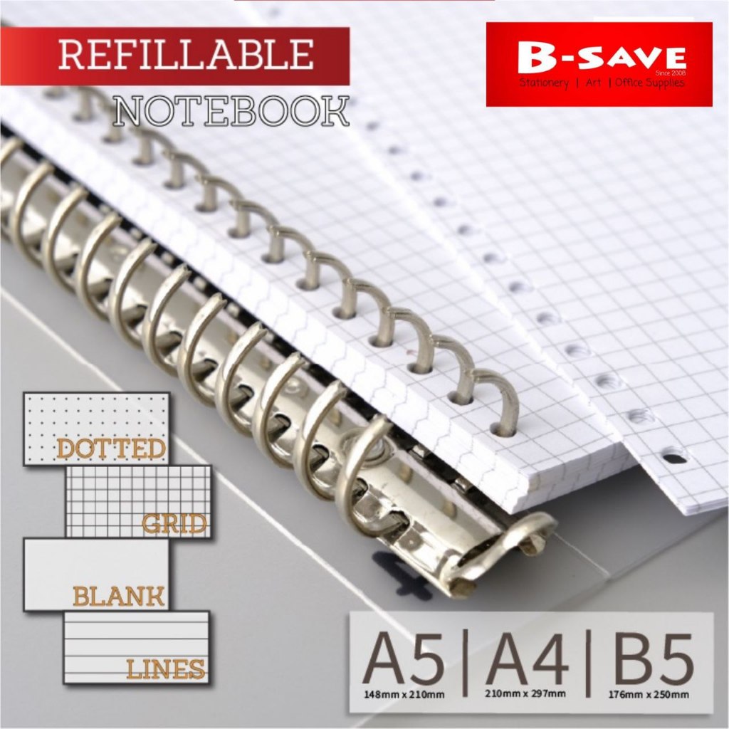 Handwriting Notebook Refillable Paper - Dot/Grid/Blank/Line A5 B5 A4 ...